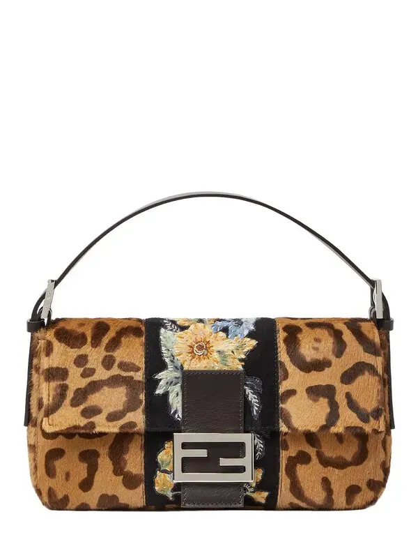 Fendi Baguette® 26424 Jaguar Print Cavallino Leather Bag With Embroidery - [brown]